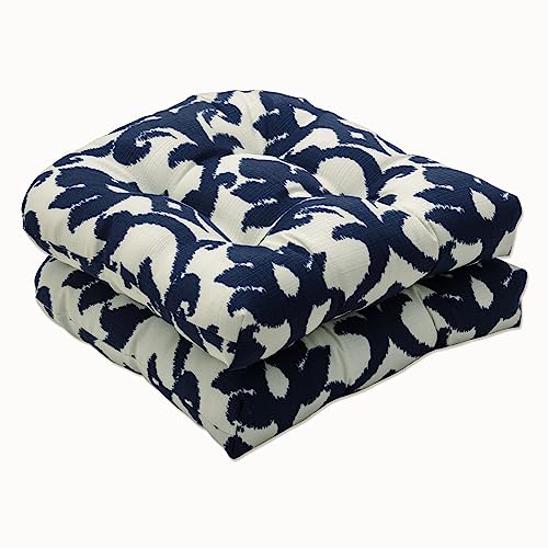 Pillow Perfect Damask Outdoor Wicker Patio Seat Cushion, Reversible, Weather, and Fade Resistant, Round Corner - 19" x 19", Blue/White Basalto, 2 Count