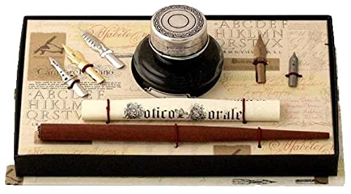 Coles Calligraphy Unisex Wood Pen with Pewter Ink Bottle and 5 Nibs Set