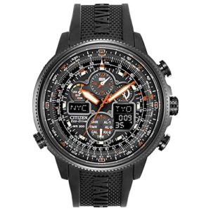 citizen men's promaster navihawk a-t eco-drive pilot watch, atomic timekeeping, chronograph, power reserve indicator, luminous hands and markers, anti-reflective crystal, black rubber strap