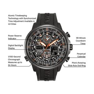 Citizen Men's Promaster Navihawk A-T Eco-Drive Pilot Watch, Atomic Timekeeping, Chronograph, Power Reserve Indicator, Luminous Hands and Markers, Anti-Reflective Crystal, Black Rubber Strap