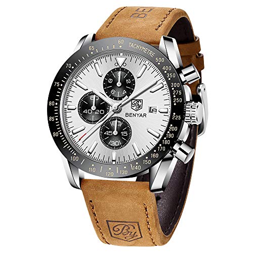 BENYAR - Wrist Watch for Men, Stainless Steel Strap Watches Quartz Movement, Waterproof Analog Chronograph Business Watches