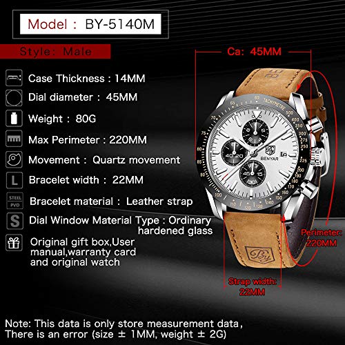 BENYAR - Wrist Watch for Men, Stainless Steel Strap Watches Quartz Movement, Waterproof Analog Chronograph Business Watches