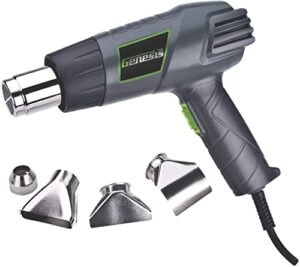 genesis ghg1500a dual temperature heat gun kit with fast heat high and low settings 572f/1000f, air reduction nozzle, reflector nozzle, and two deflector nozzles with 2 year warranty