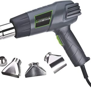 Genesis GHG1500A Dual Temperature Heat Gun Kit With Fast Heat High And Low Settings 572F/1000F, Air Reduction Nozzle, Reflector Nozzle, And Two Deflector Nozzles with 2 Year Warranty