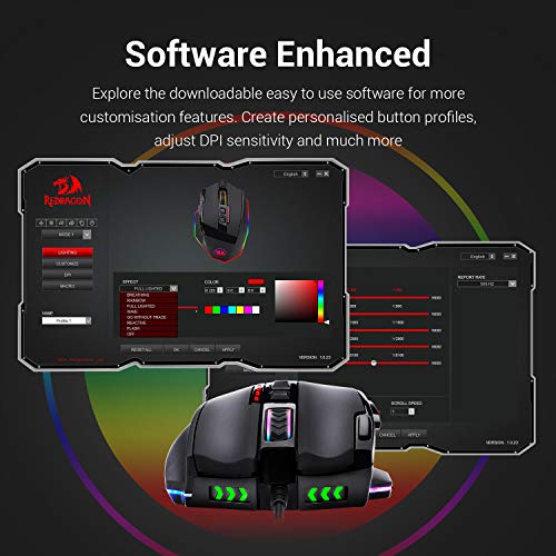 Redragon M801 Gaming Mouse LED RGB Backlit MMO 9 Programmable Buttons Mouse with Macro Recording Side Buttons Rapid Fire Button 16000 DPI for Windows PC Gamer (Wired, Black)