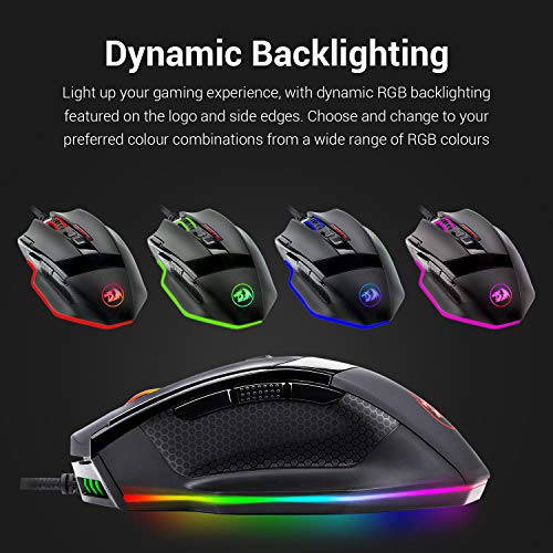 Redragon M801 Gaming Mouse LED RGB Backlit MMO 9 Programmable Buttons Mouse with Macro Recording Side Buttons Rapid Fire Button 16000 DPI for Windows PC Gamer (Wired, Black)