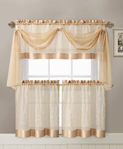 linen leaf 4 piece embroidered kitchen curtain set (gold)