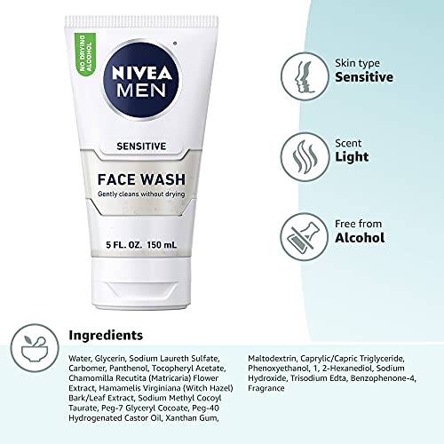 Nivea Men Sensitive Face Wash with Vitamin E, Chamomile and Witch Hazel Extracts, 5 Fl Oz Tube