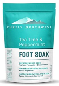 purely northwest-tea tree oil & peppermint foot soak with epsom salt-for stubborn foot odor, athletes foot burning & itching, damaged discolored nails-a natural callus remover 16 ounces