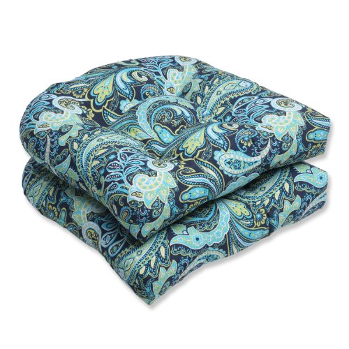 Pillow Perfect Paisley Outdoor Wicker Patio Seat Cushion Reversible, Weather, and Fade Resistant, Round Corner - 19" x 19", Blue/Green Pretty, 2 Count