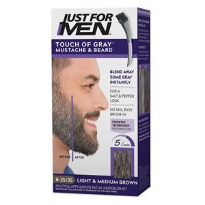 just for men touch of gray mustache & beard, beard coloring for gray hair with brush included for easy application, great for a salt and pepper look - light & medium brown, b-25/35, pack of 1