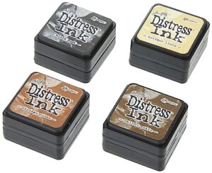 ranger tholtz ink set 3 tim holtz distress inkset, mini (four 1x1 inch pads), antique linen, vintage photo, walnut stain, and black soot, 4 count