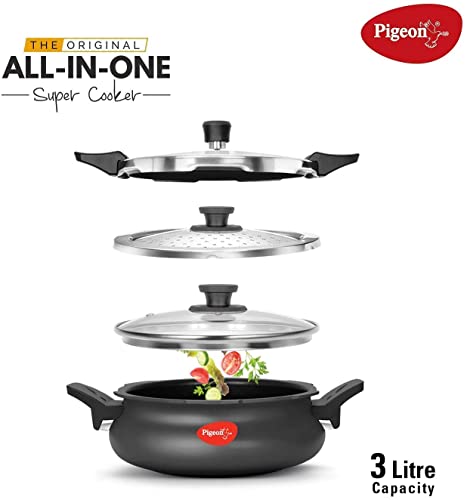 Pigeon 3.2 Quart All-In-One Super Cooker - Steamer, Cooking Pot, Pressure Cooker, Dutch Oven - For All Cooktops - Quick Cooking of Meat, Soup, Rice, Beans, Idli & more, Hard Anodized, (3 Liters)