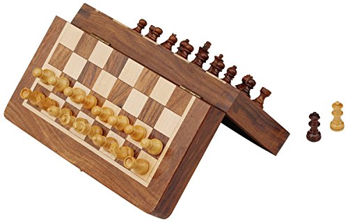 Magnetic Travel Chess Board Set - Classic Wood Staunton 7 X 7 Inch Pocket Chess Set with Folding Game Board Handmade in Fine Rosewood