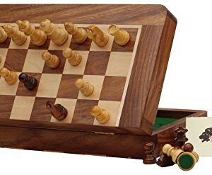 Magnetic Travel Chess Board Set - Classic Wood Staunton 7 X 7 Inch Pocket Chess Set with Folding Game Board Handmade in Fine Rosewood