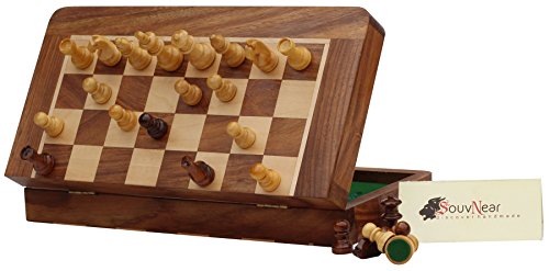 Magnetic Travel Chess Board Set - Classic Wood Staunton 7 X 7 Inch Pocket Chess Set with Folding Game Board Handmade in Fine Rosewood