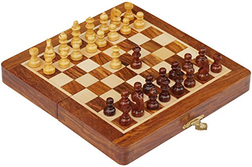 Magnetic Travel Chess Board Set - Classic Wood Staunton 7 X 7 Inch Pocket Chess Set with Folding Game Board Handmade in Fine Rosewood