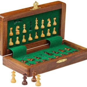 Magnetic Travel Chess Board Set - Classic Wood Staunton 7 X 7 Inch Pocket Chess Set with Folding Game Board Handmade in Fine Rosewood