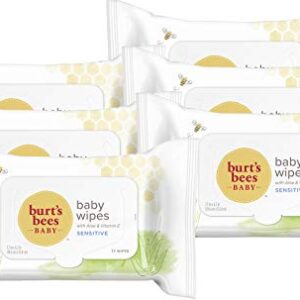 Burt's Bees Baby Wipes, Unscented Towelettes for Sensitive Skin, Hypoallergenic & Non-Irritating, All Natural with Soothing Aloe & Vitamin E, Fragrance Free, 6 Flip-Top Packs (432 Wipes Total)