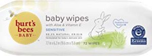 Burt's Bees Baby Wipes, Unscented Towelettes for Sensitive Skin, Hypoallergenic & Non-Irritating, All Natural with Soothing Aloe & Vitamin E, Fragrance Free, 6 Flip-Top Packs (432 Wipes Total)