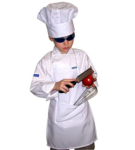 CHEFSKIN Kids Children Set Apron+ Hat M Fits 7-12 White Real Fabric (1)