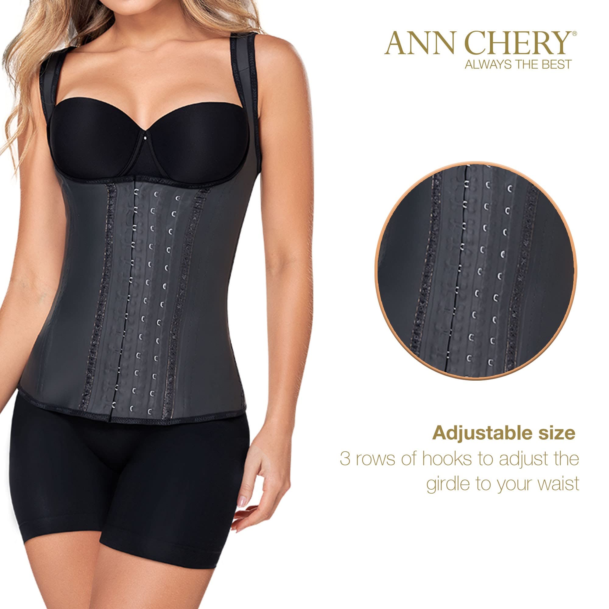 Ann Chery Corset Waist Trainer for Women’s Weight Loss - Colombian Waist Cincher With Straps - 3 Hook Vest Body Shaper (Black, Medium)