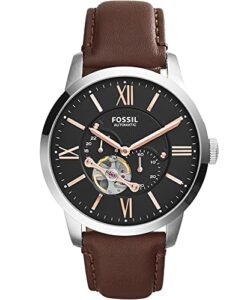 fossil men's townsman automatic stainless steel and leather two-hand skeleton watch, color: silver, brown (model: me3061)