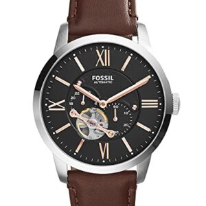 Fossil Men's Townsman Automatic Stainless Steel and Leather Two-Hand Skeleton Watch, Color: Silver, Brown (Model: ME3061)