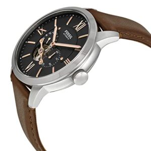 Fossil Men's Townsman Automatic Stainless Steel and Leather Two-Hand Skeleton Watch, Color: Silver, Brown (Model: ME3061)