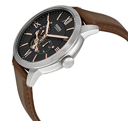 Fossil Men's Townsman Automatic Stainless Steel and Leather Two-Hand Skeleton Watch, Color: Silver, Brown (Model: ME3061)