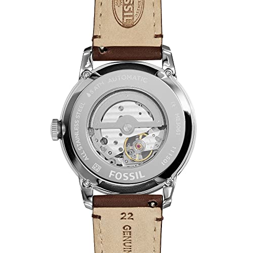 Fossil Men's Townsman Automatic Stainless Steel and Leather Two-Hand Skeleton Watch, Color: Silver, Brown (Model: ME3061)