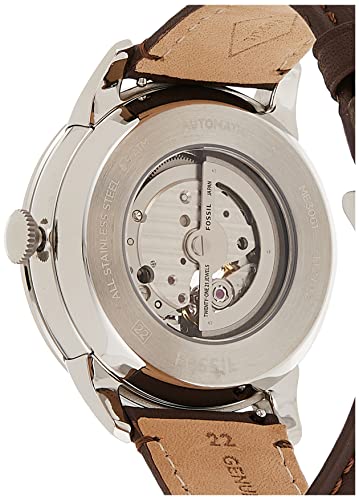 Fossil Men's Townsman Automatic Stainless Steel and Leather Two-Hand Skeleton Watch, Color: Silver, Brown (Model: ME3061)