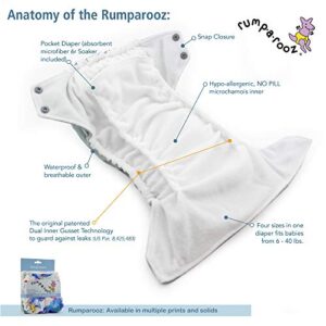 Kanga Care Rumparooz Cloth Diaper Reusable One Size Pocket Diaper with Patented Inner Double Gusset Adjustable 4 Sizes in 1 Diaper + 2 pcs Microfiber Insert Soaker (6-40+ lbs) - Clyde