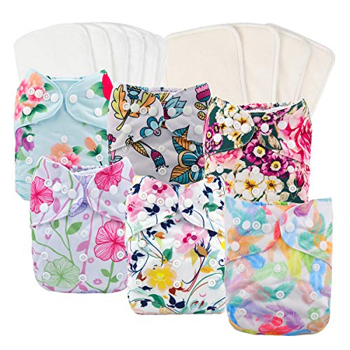 babygoal Reusable Cloth Diapers for Baby Girls, One Size Adjustable Washable Pocket Nappy Covers 6 Pack+ 6pcs Microfiber Inserts+4pcs Bamboo Inserts 6FG27