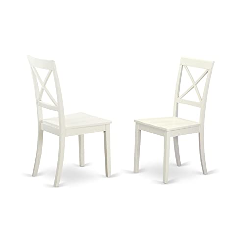 East West Furniture Boston Dining Room Cross Back Solid Wood Seat Chairs, Set of 2, Linen White