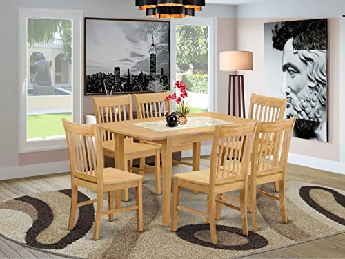 East West Furniture NOFK7-OAK-W 7 Piece Dining Room Table Set Consist of a Rectangle Kitchen Table with Butterfly Leaf and 6 Dining Chairs, 32x54 Inch, Oak