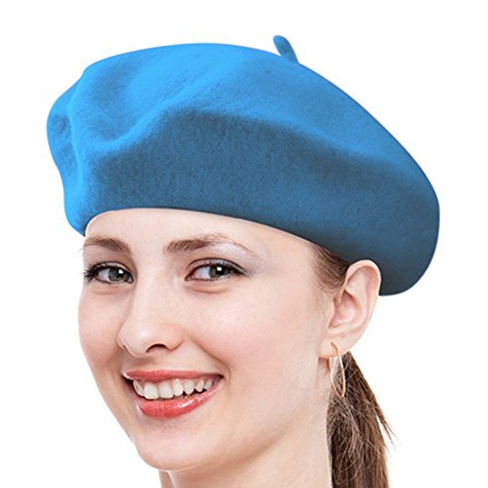 FuzzyGreen Classic French Beret, Turquoise Solid Color French Artist Wool Beret - 2017 Newest