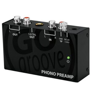 gogroove mini phono turntable preamp preamplifier with 12 volt dc adapter, rca input for vinyl record player - compatible with audio technica, crosley, jensen, pioneer, 1byone and more turntables