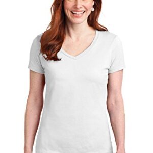 Hanes Womens 4.5 Oz., 100% Ringspun Cotton Nano-T V-Neck T-Shirt (S04V)- White,Large