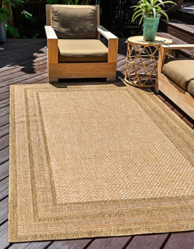 Unique Loom Outdoor Border Collection Area Rug - Multi Border (7' 1" x 10' Rectangle, Tan/ Light Brown)