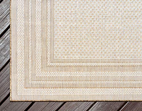 Unique Loom Outdoor Border Collection Area Rug - Multi Border (7' 1" x 10' Rectangle, Tan/ Light Brown)