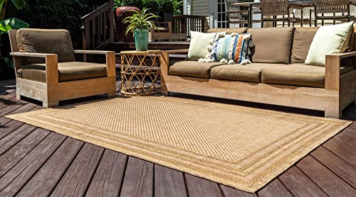 Unique Loom Outdoor Border Collection Area Rug - Multi Border (7' 1" x 10' Rectangle, Tan/ Light Brown)