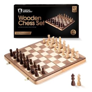 chess armory wooden chess set with free online chess course - 15 inch portable travel chess board game for adults and kids - home use and educational chess school and chess club tournaments