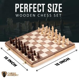 Chess Armory Wooden Chess Set with Free Online Chess Course - 15 Inch Portable Travel Chess Board Game for Adults and Kids - Home Use and Educational Chess School and Chess Club Tournaments