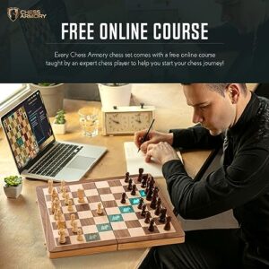 Chess Armory Wooden Chess Set with Free Online Chess Course - 15 Inch Portable Travel Chess Board Game for Adults and Kids - Home Use and Educational Chess School and Chess Club Tournaments