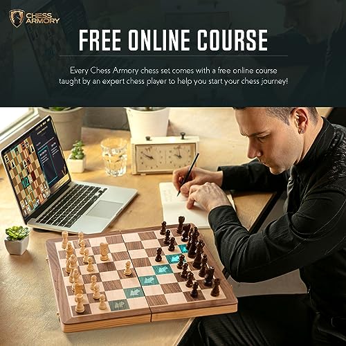 Chess Armory Wooden Chess Set with Free Online Chess Course - 15 Inch Portable Travel Chess Board Game for Adults and Kids - Home Use and Educational Chess School and Chess Club Tournaments