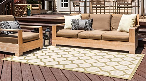 Unique Loom Outdoor Trellis Collection Area Rug - Moroccan (7' 1" x 10' Rectangle, Beige and Olive/ Beige)