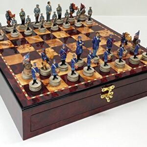 US American Civil War Generals Chess Set W/ 17" High Gloss Cherry & Burlwood Color Storage Board