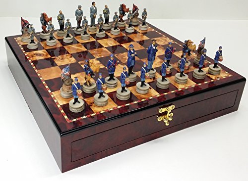 US American Civil War Generals Chess Set W/ 17" High Gloss Cherry & Burlwood Color Storage Board