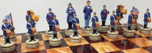 US American Civil War Generals Chess Set W/ 17" High Gloss Cherry & Burlwood Color Storage Board